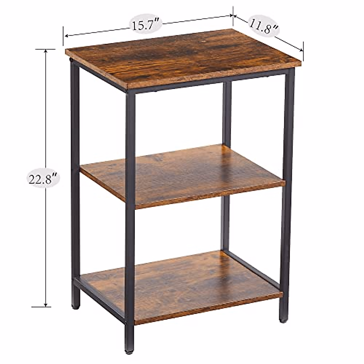 VECELO End Side Table with Storage Shelf, Industrial Night Stand, 3-Tier Small Nightstand for Living Room, Bedroom, 2 Pack, Brown/2pcs