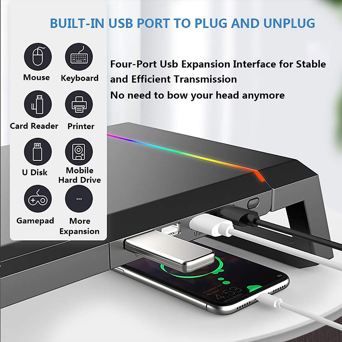 AWYLL Monitor Stand Riser, Foldable Monitor Stand with Drawer Storage, RGB Computer Desktop Organizer Stand 4USB 3.0 Hub for Up to 27 Inch Computer Screens, iMac, Laptop, Printer