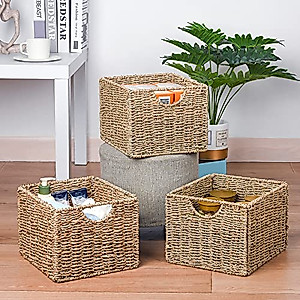 Seagrass Storage Baskets with Labels, 10.5x9x7.5in Wicker Storage Basket, Storage Baskets for Shelves Set of 3, Pantry Baskets Organization,Kitchen Storage Baskets, Bathroom Shelves Storage Basket