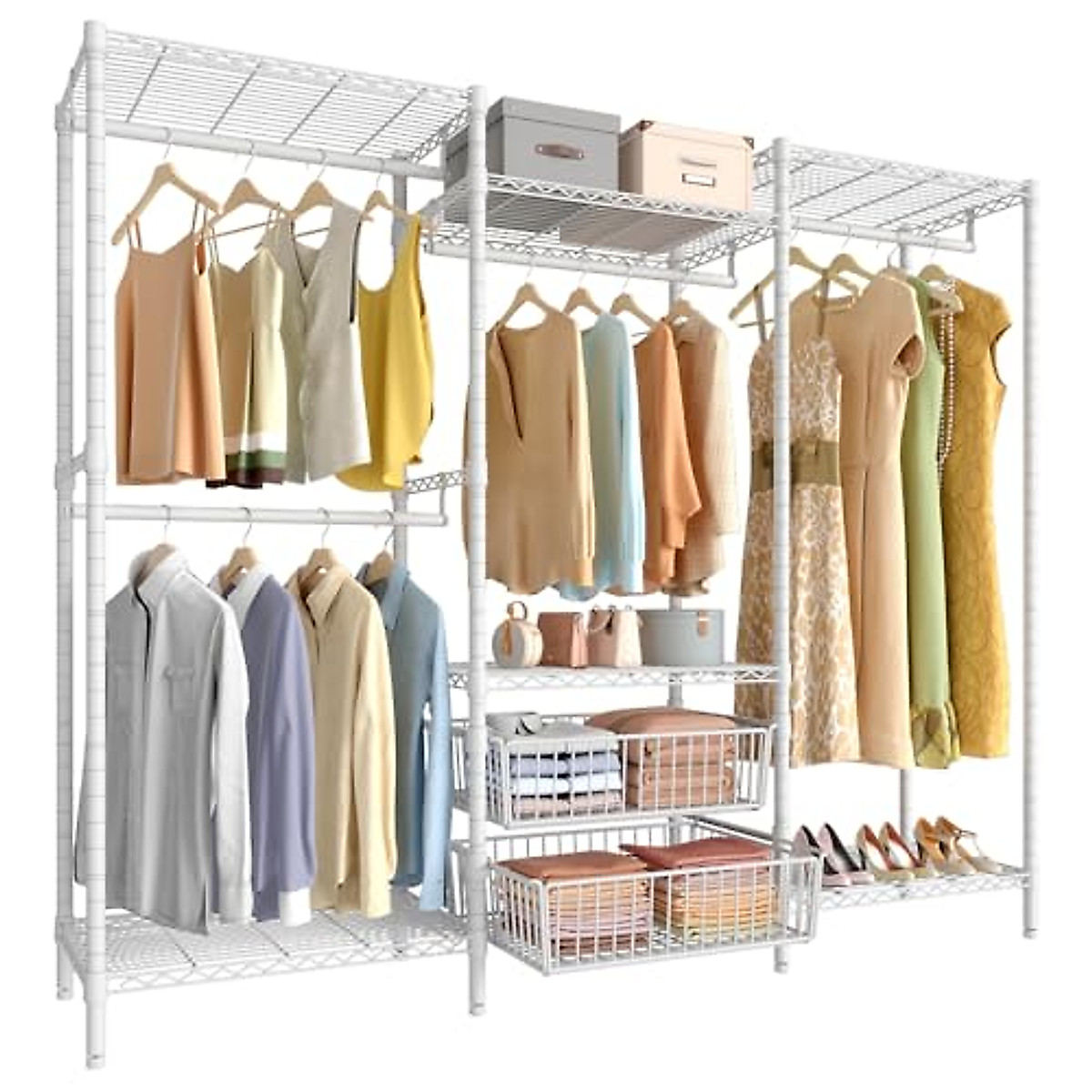 VIPEK V10i Garment Rack Heavy Duty Clothes Rack, Freestanding Closet Rack for Hanging Clothes Large Wardrobe Metal Clothing Rack with 2 Slid Storage Baskets, 68.2" L x 15.7" W x 70.5" H, White