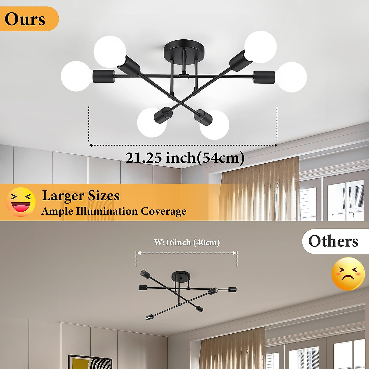 Modern Sputnik Chandelier 6-Light Industrial Ceiling Lights Fixture 22" Black Semi Flush Mount Ceiling Light with E26 Base Sputnik Lights Fixture for Dining Room Bedroom Foyer Hallway Living Room