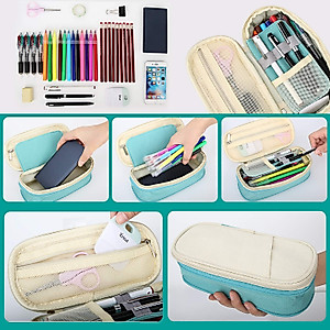 MoKo Big Capacity Pencil Pen Case, Large Capacity Storage Bag Pouch Box Makeup Pen Bag Cosmetic Bag Stationery Organizer Storage with Zippers for Office/School Supplies - Beige & Blue