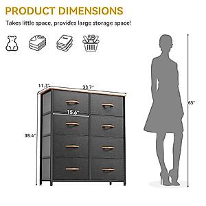 DWVO Dresser for Bedroom, Fabric Dresser with 8 Drawers, Tall Dresser, Double Dresser, Chest of Drawers for Closet, Living Room, Sturdy Steel Frame, Wooden Top, Easy Pull Handle, Charcoal Grey