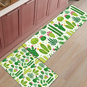 Kitchen Rugs, Cactus Succulent Plants Green Tile Pattern Non Slip Runner Rug Mat for Floor, Kitchen, Bedside, Sink, Office, Laundry, Set of 2