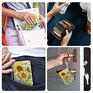 Yonlevres Credit Card Holder RFID Wallet, Sunflower Small Card Holder Wallet for Women with Keychain Zipper, Cute Leather Floral Credit Card Case Organizer Accordion Gift