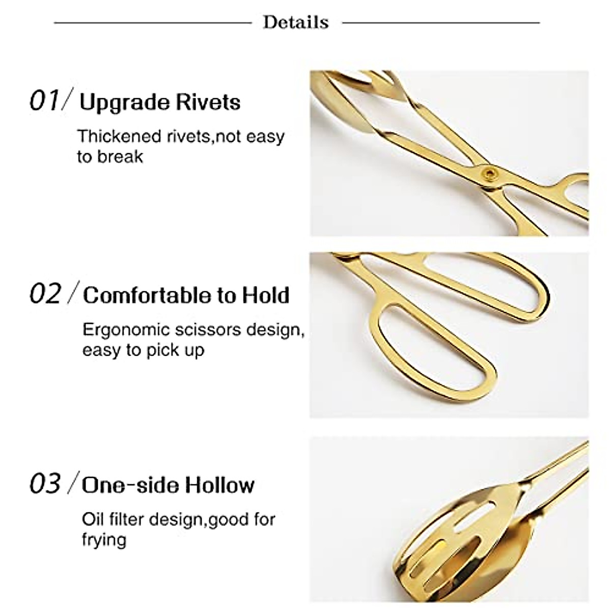 IAXSEE 2 Pieces Buffet Salad Tongs for Kitchen Serving and Cooking, Stainless Steel Food Scissor Tongs, Catering Utensil for Bread Cake Bake Steak Barbecue (Gold)