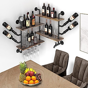 Gtouse Industrial Pipe Wine Rack Wall Mounted,Liquor Bottle Display Shelf,Floating Bar Shelves,Wooden Liquor Bar Shelf with 4 Stem Glass Holder,4 Tier Floating Whiskey Shelf for Kitchen Dining Room