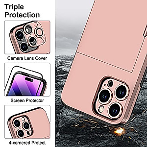 SAMONPOW 4-in-1 iPhone 14 Pro Max Case with Screen Protector & Camera Cover Hybrid iPhone 14 Pro Max Case Wallet Card Holder Shockproof Protective Case for iPhone 14 Pro Max Case - Rose Gold