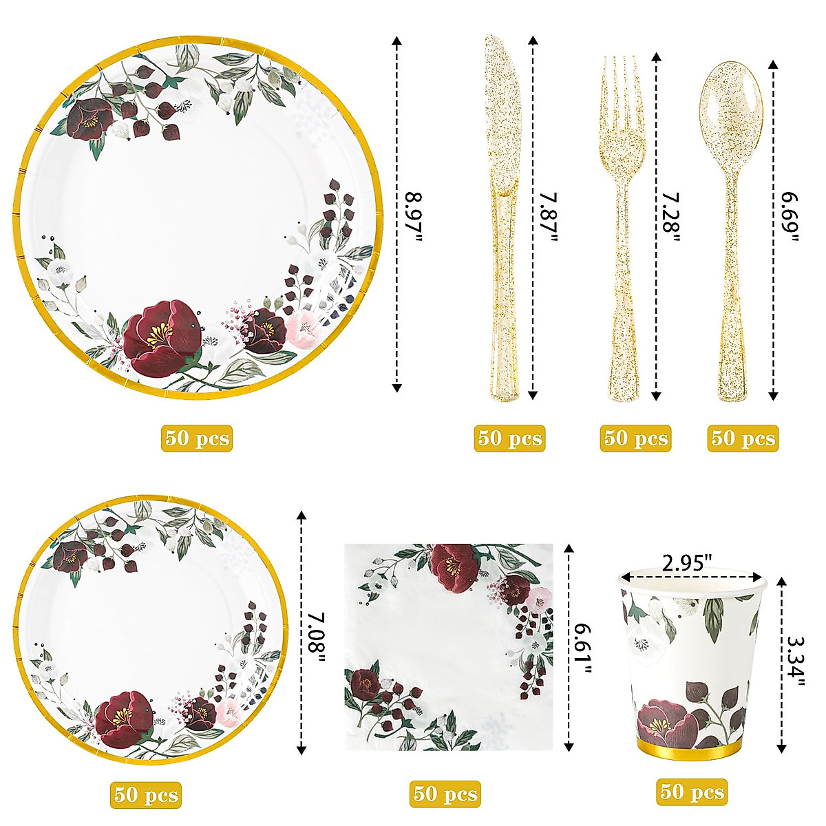 350 Pcs Red Floral Party Supplies Set, plates, napkins, cups and gold plastic cutlery set for 50 Guest for Bridal Shower, Baby Shower, Birthday,Wedding,Bachelorette party Supplies