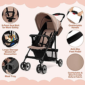 HONEY JOY Lightweight Stroller, Compact Travel Stroller for Airplane, Toddler Fold Pushchair w/Adjustable Canopy & Backrest, Storage Basket, Umbrella Stroller for Infants (Coffee)