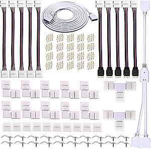FSJEE 4 Pin LED Strip Connector Kit for 5050 10mm LED Light Strip,Include 8 Types of Solderless LED Strip Accessories,Provide Most of Parts for DIY LED Strip Lighting Project