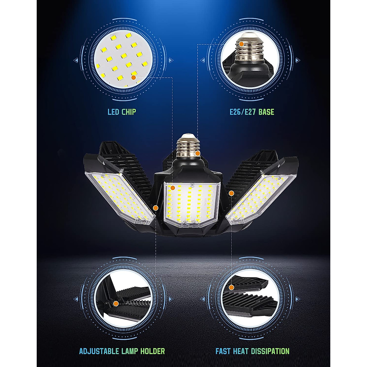 LIGHTNUM 6-Pack LED Garage Light, 16000Lm Deformable LED Garage Ceiling Light with 6 Adjustable Panels 6500k Led Shop Light Screw in E26/E27 Bulb Socket Compatible for Workshop Storage Room Basement