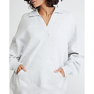 Tangduner Womens V Neck Casual Pullover Sweatshirts Fleece Oversized Long Sleeve Slouchy Polo Sweatshirt with Pocket Grey