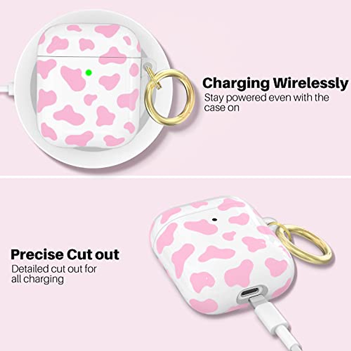 NIUTRENDZ Cute Cow Print Case for AirPods Case Cover IMD Design Hard TPU Shockproof [Front LED Visible] [Wireless Charging] Protective Skin Compatiable with AirPods 2&1 (Pink)