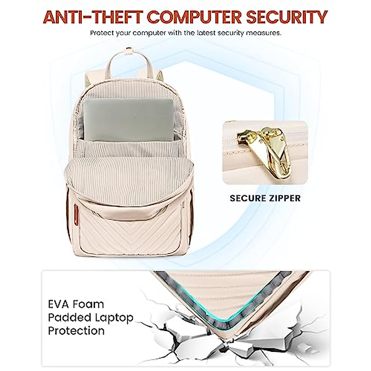 LOVEVOOK Quilted Backpack for Women, 15.6 Inch Computer Bag, Stylish Travel Backpack Purse Notebook with USB Port Waterproof Casual Daypack Large Bags for Daily Work, Beige