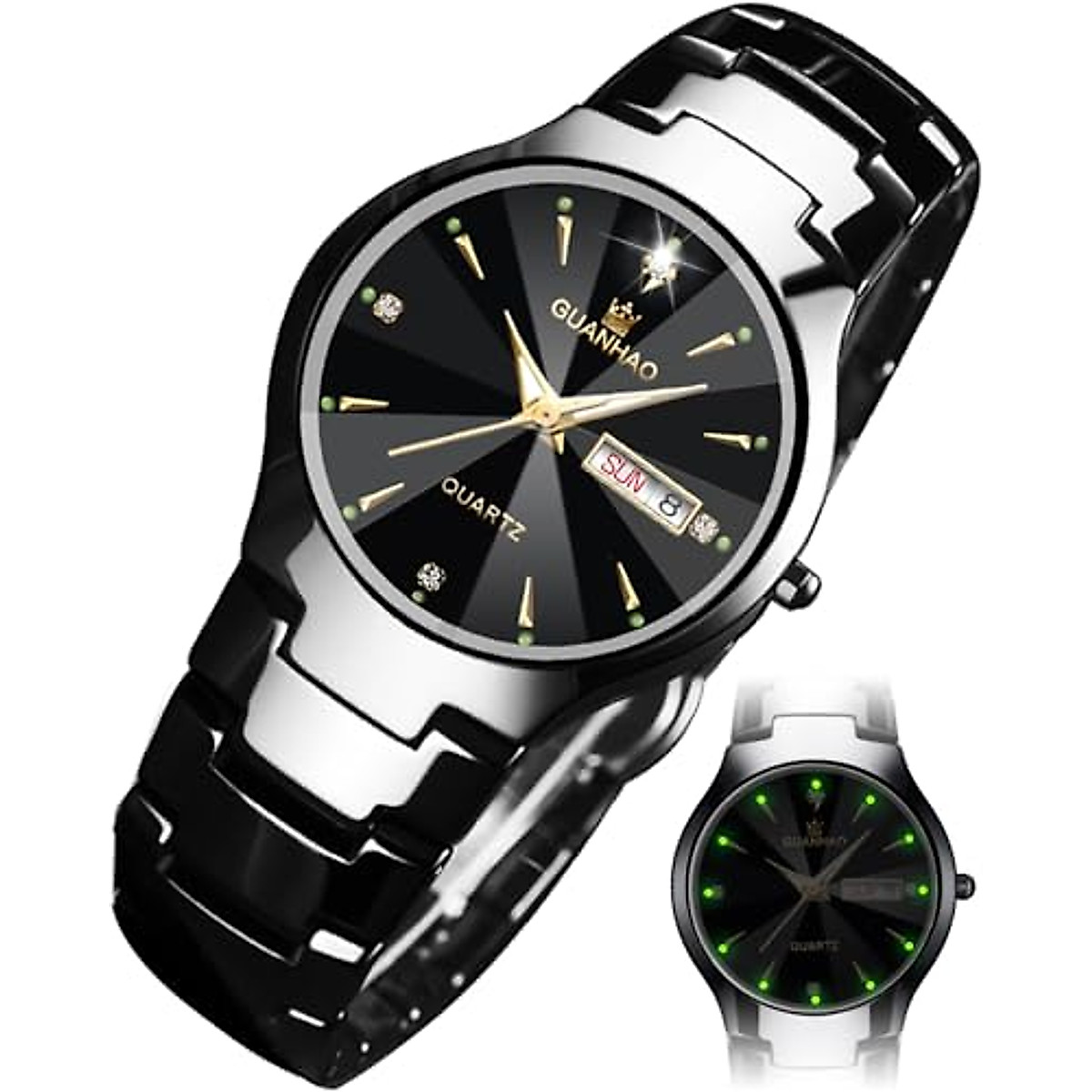 GUANHAO Ceramic Watches for Men, Black Business Men's Wristwatches with Calendar and Weeks, Quartz Watches with Ceramic Band Diamond Dial for Male Luminous Hands