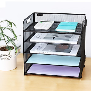 Supeasy 5 Trays Paper Organizer Letter Tray with Handle-Mesh Desk File Organizer,Black Paper Sorter Desk Organizer for Office,Home or School