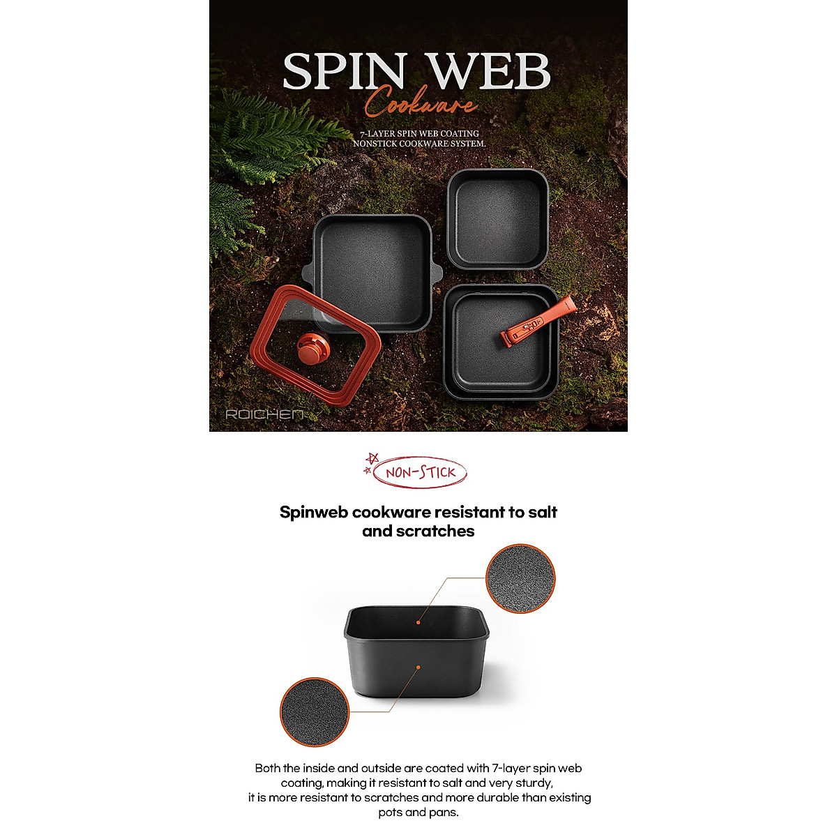 Roichen Spinweb Pan Set 5pcs, 22cm Frying pan + 22cm Deep pan + 26cm Frying pan + Multisize glass lid + Detachable handle. Cooking pan, Saute pan, Nonstick pan, Square pan, Baking pan