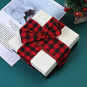 URATOT 2 Rolls Red and Black Plaid Burlap Ribbon Wired Ribbon Christmas Wrapping Ribbon for Christmas Crafts Decoration, Floral Bows Craft, 472 by 2.48 Inch