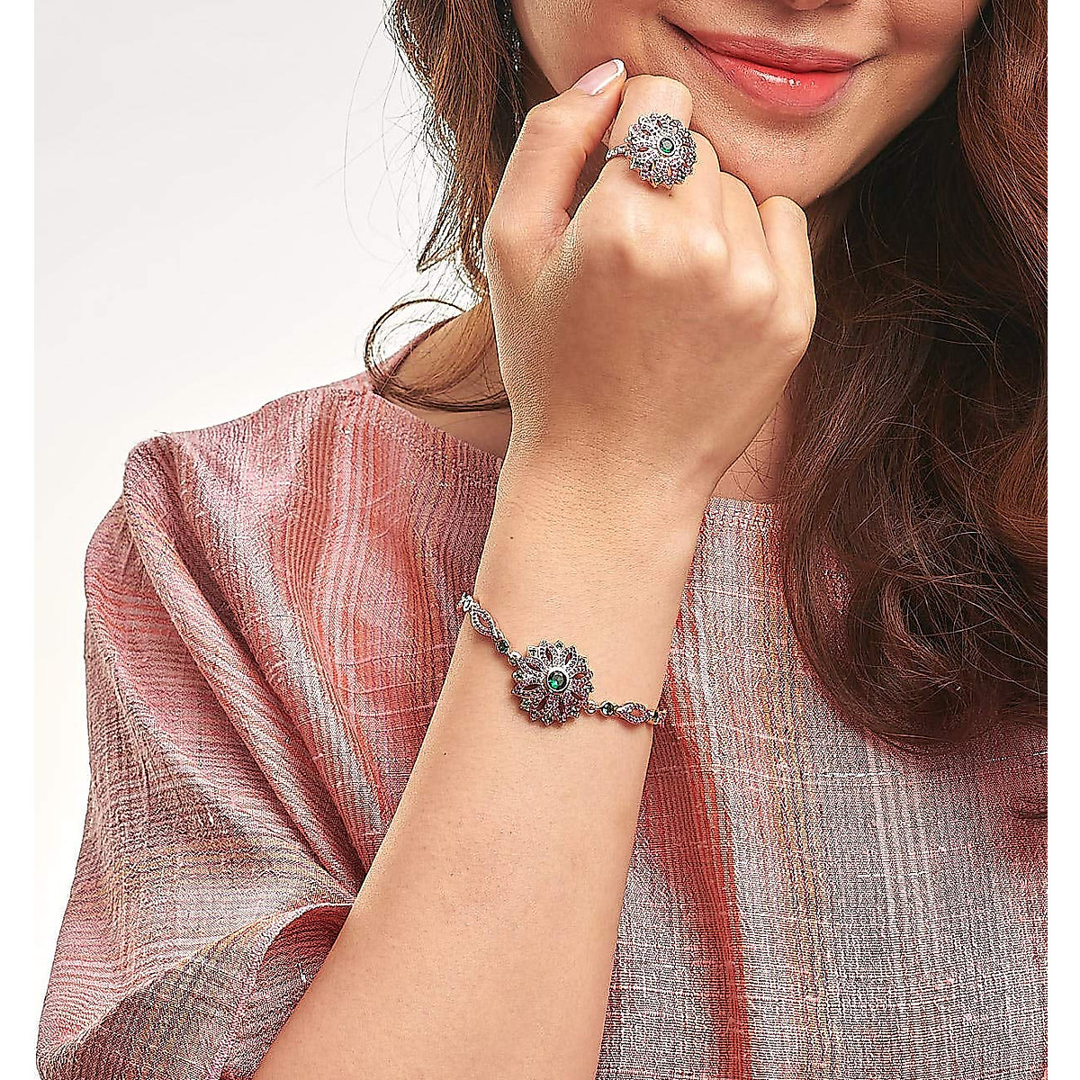 ETHNIQ Carrington Collection Floral Rings adorned with Ruby & Emerald Cubic Zirconia Gift Ideas for Finance Girlfriend Mother Women's Ring size 5.5