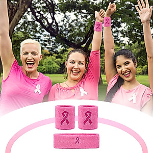 Breast Cancer Awareness Wristbands,Pink Sweatbands Set Includes Sports Headband & Wristband,Pink Headband for Gym Basketball Football Tennis Cycling Fitness Breast Cancer Awareness Mont