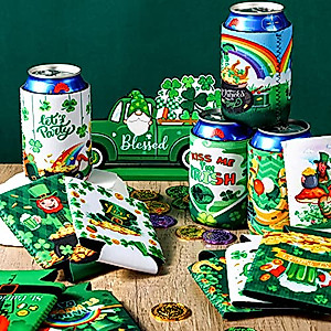 12 Pcs St. Patrick's Day Can Coolers Sleeves Lucky Green Shamrock Decoration Saint Patrick's Day Can Sleeves Congrats Beverages Soda Bottle Insulated Neoprene Cover for Irish Holiday Party Supplies