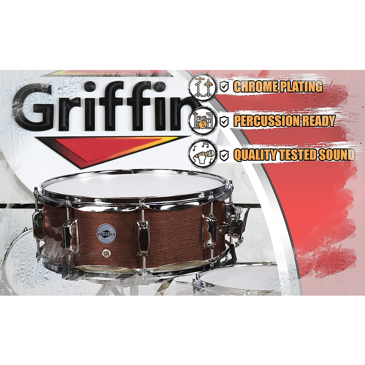 GRIFFIN Snare Drum | Poplar Wood Shell 14" x 5.5" with Flat Hickory PVC | 8 Metal Tuning Lugs & Snare Strainer Throw Off | Percussion Instrument with Drummers Key, Coated Head | Marching Kit Set