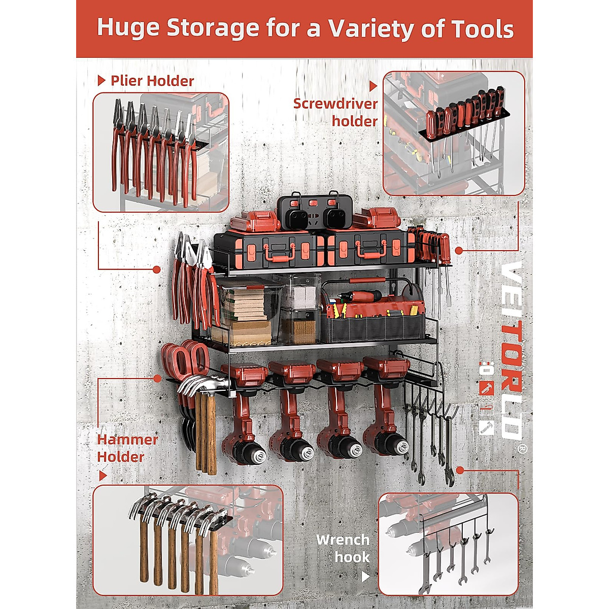 Gifts for Men Dad Husband Him, Power Tool Organizer Wall Mount, 4 Drill Modular Tool Storage Shelf with Hooks, Drill Holder for Garage Organization, Cool Anniversary Birthday Gifts for Men Women