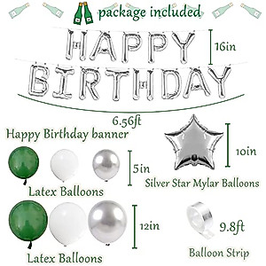 Green Birthday Party Decorations with Silver Happy Birthday Banner, White, Green and Silver Balloons, Emerald Green Champagne Balloon, Fringe Curtain for Men Women Girls Boys Party Decor Supplies