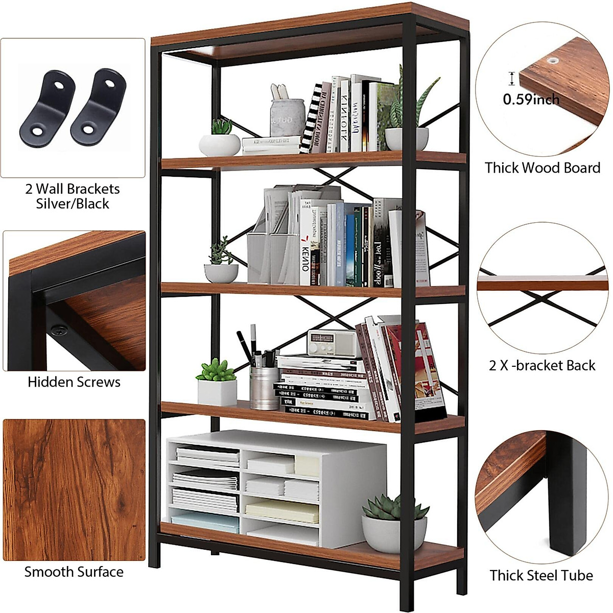Himimi Industrial Bookshelf 5-Tier, Bookcase 58" H Ladder Shelf, Storage Shelves Rack Shelf Unit, Accent Furniture Metal Frame, Home Office Furniture for Bathroom, Living Room, Vintage Brown