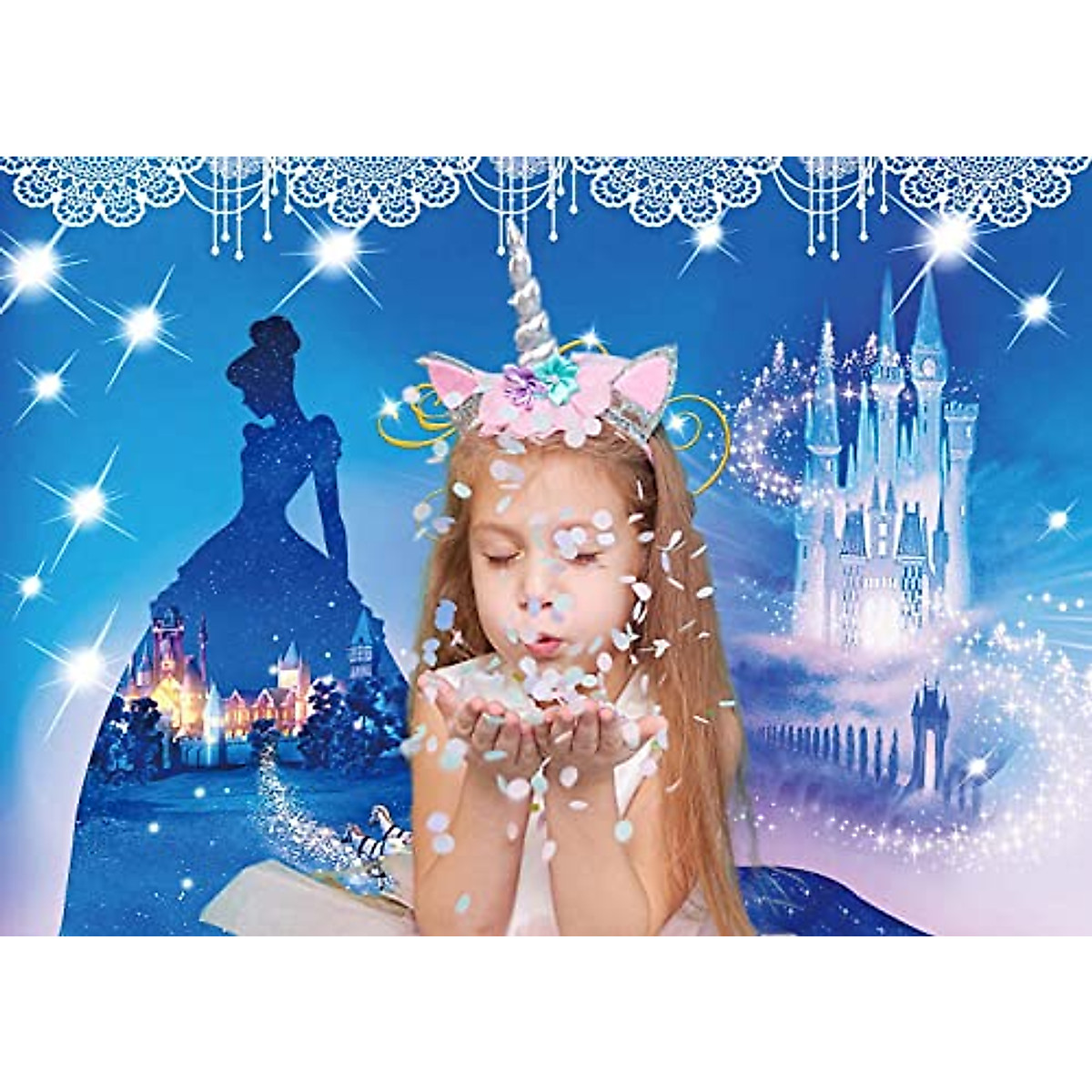 Dost Baby Blue Princess Happy Birthday Backdrop Fantasy Castle Carriage Princess Party Decoration Shiny Light Photography Backdrop(7x5FT), Dost-cy278-7x5FT