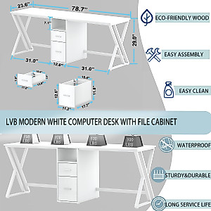 LVB Large 2 Person Desk, Modern White Computer Desk with File Cabinet, Extra Long Workstation Double Desk with Storage Shelf, Industrial PC Writing Study Dual Executive Office Desk with Drawer, 79 in