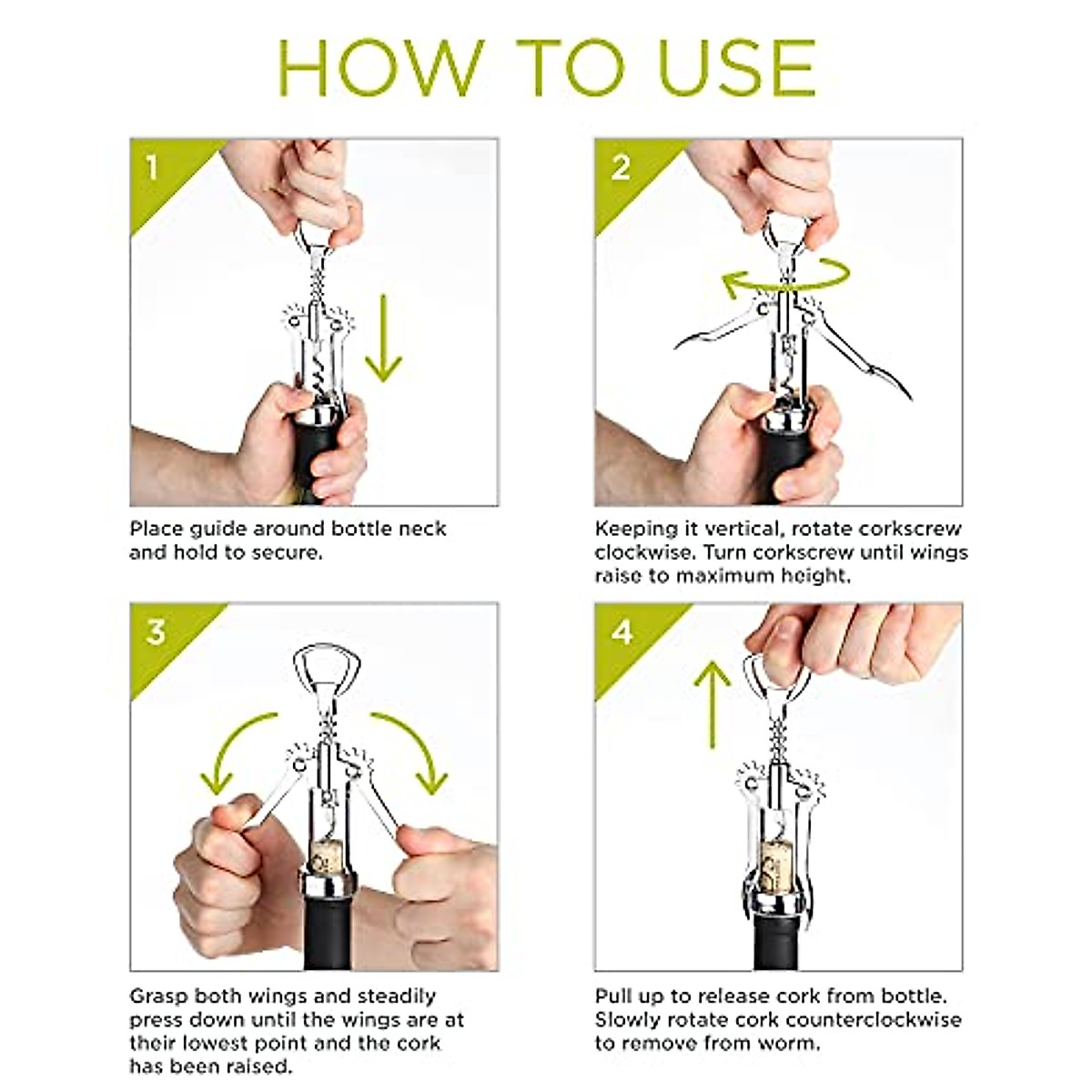 True Soar Winged Corkscrew Wine Opener - Self Centering Worm, Stainless Steel, Manual Wine Bottle Opener, Chrome Silver