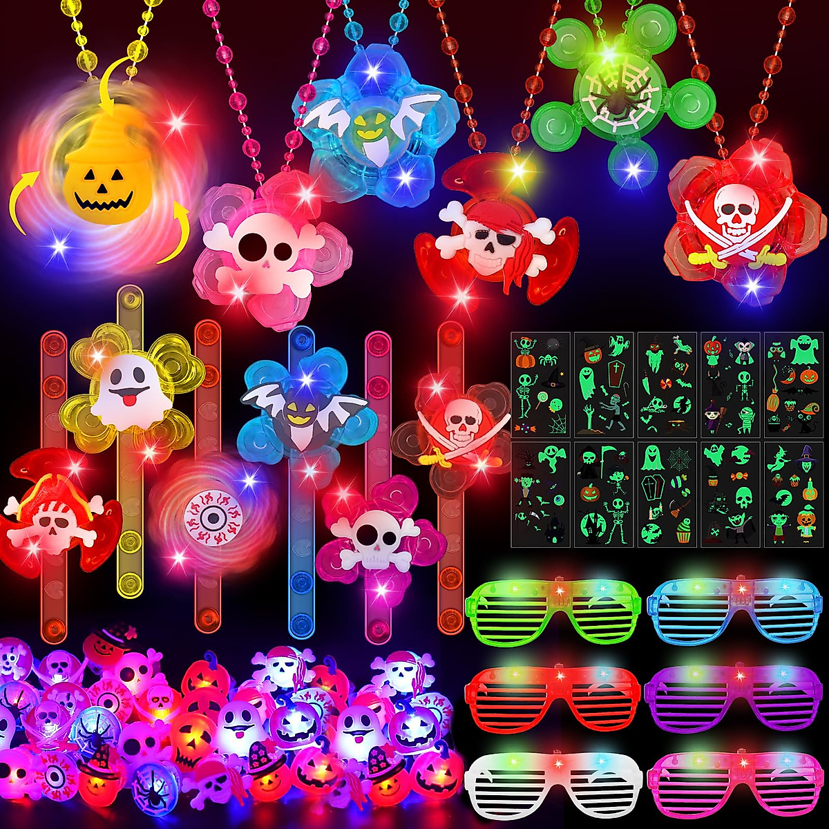 62 PCS Halloween Party Favors for Kids, Halloween Glow in the Dark Toys Rotating LED Necklaces Bracelets Flash Rings Goodie Bag Fillers for Halloween Party Classroom Prizes Trick or Treats Gifts