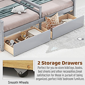 Harper & Bright Designs House Bed with 2 Twin Platform Beds for Kids,Wooden Double Twin Beds with Storage Drawers and Roof, 2 Beds in 1 Shared Beds for Girls or Boys,No Box Spring Needed,Grey