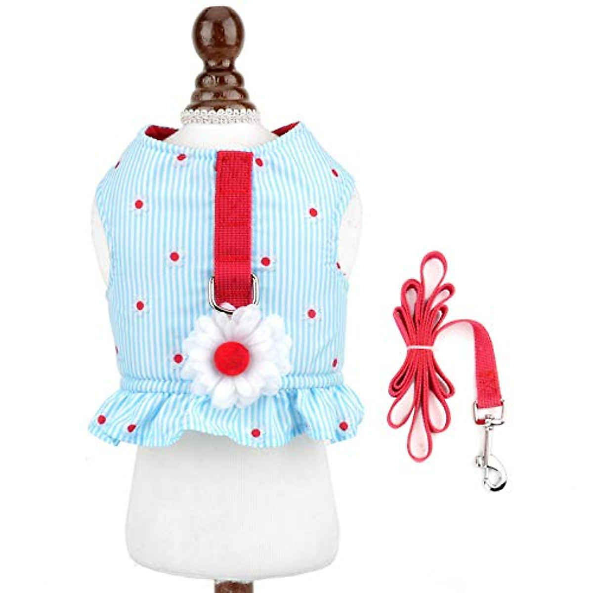 SMALLLEE_LUCKY_STORE Bow Flower Striped Print Cat Small Dog Harness Dress with Leash for Girls Adjustable No Pull Escape Proof Soft Walking Jacket Waterproof Puppies Kitten Harness Vest Outdoor,Blue S