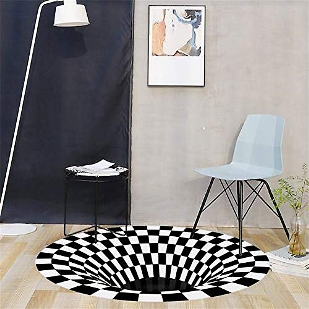WOPODI 60x60 cm/23.62x23.62 Round Area Rug 3D Visual Vortex Carpet Not-Slip Floor Mat Bottomless Hole Illusion Shaggy Rug Black White Stereo Vision Carpet for Home Living Room Bedroom Dining Room