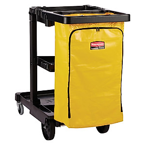 Rubbermaid Commercial Traditional Janitorial 3-Shelf Cleaning Cart, Wheeled with Zippered Yellow Vinyl Bag, for Stores, Schools, and Business, Black , 38.4" x 21.8" x 46" (FG617388BLA)