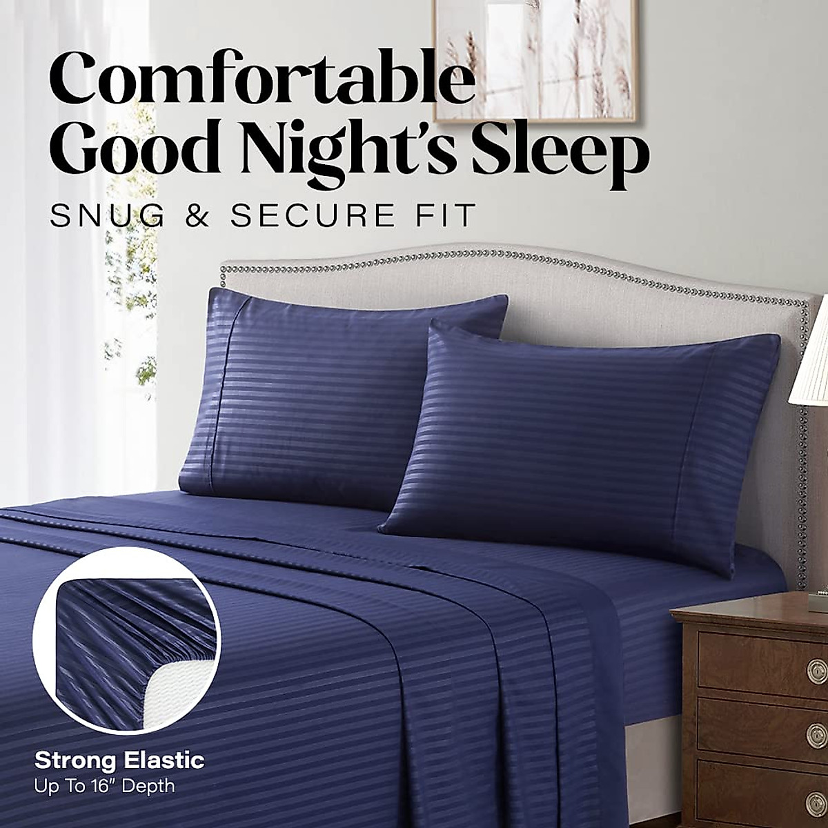 Elaine Karen Full Sheet Set - 4-Piece Striped Full Size Bed Sheets - Soft & Cooling Deep Pocket Full Bed Sheet Set - Wrinkle-Free Microfiber Bedding with 1 Fitted Sheet, 1 Flat Sheet, 2 Pillowcases