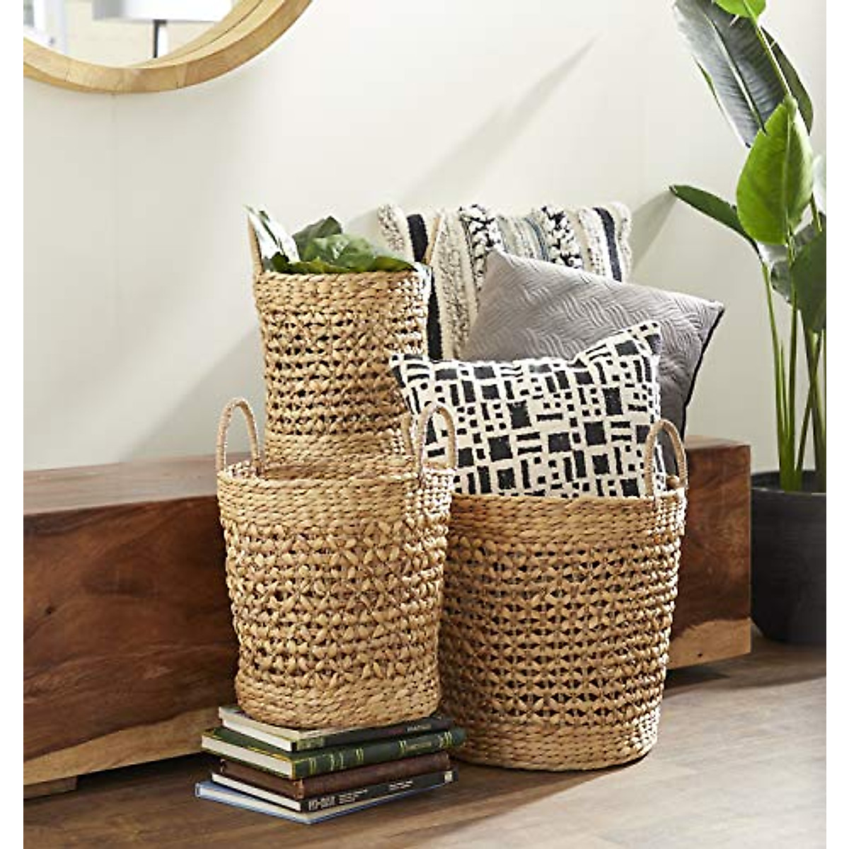 Deco 79 Dried Plant Handmade Woven Storage Basket with Handles, Set of 3 21", 18", 16"H, Brown