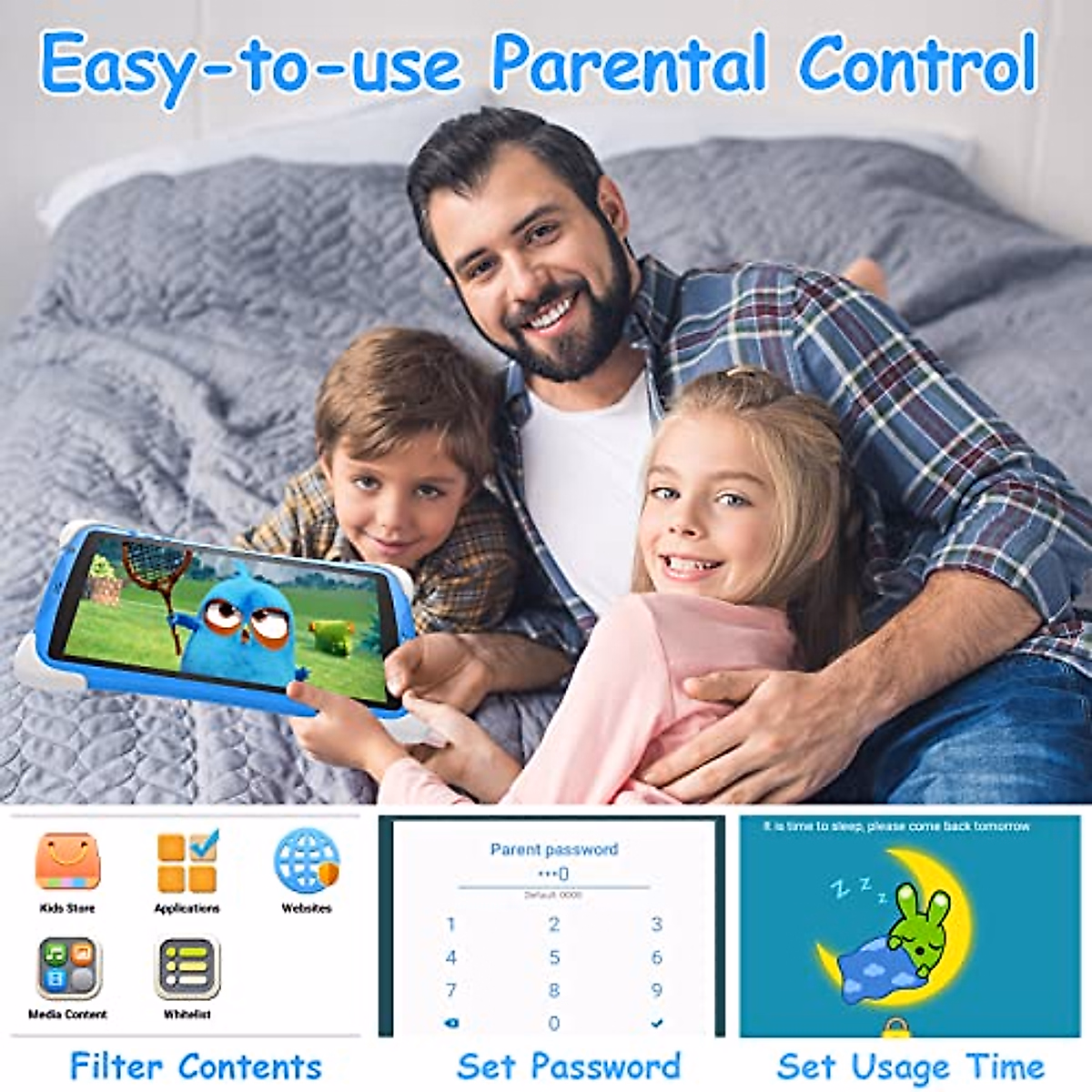 DOMATON Kids Tablet 10 inch, Android 13 Tablet for Kids, Parental Controls, 6000mAh Battery, Kids Contents Toddler Tablet, Eye Protection Mode, Shockproof Case with Stand (Blue)