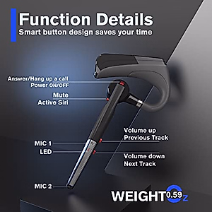 HonShoop Bluetooth Headset CVC8.0 Dual Mic Noise Cancelling, V5.0 Bluetooth Earpiece Earbud 14 Hrs HD Talktime Hands-Free Earphones for Driver Trucker Business Office (Black)