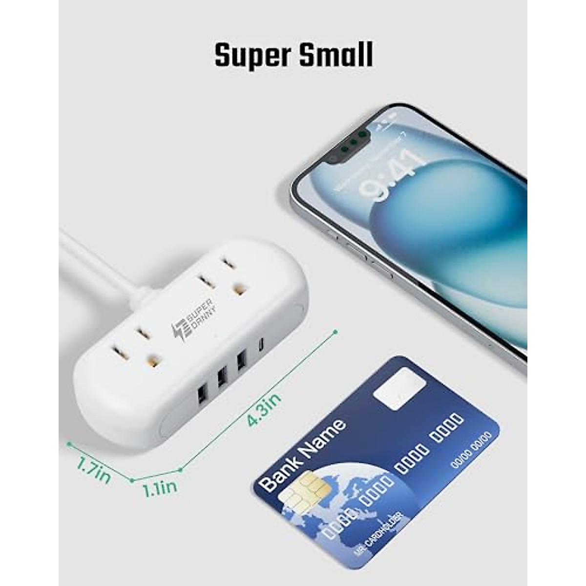 Power Strip with USB, SUPERDANNY Mini Surge Protector with 2 Wide-Spaced Outlets, 3 USB-A 1 USB-C, 5 Ft Extension Cord, Flat Plug, Compact Size Desktop Charging Station Travel, Home, Office, White