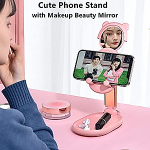 SOARCHICK Cute Bear Foldable Phone Stand for Desk Portable Cell Phone Holder with Makeup Beauty Mirror Adjustable Height Angle Kawaii Office Supplies Pink Desk Accessories for Women Girls Gifts