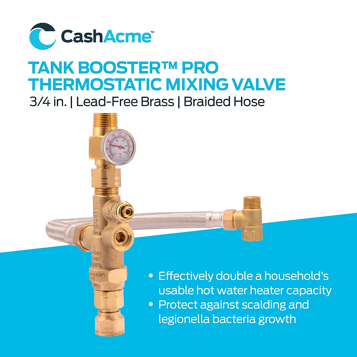Cash Acme 3/4 Inch Tank Booster Water Heater with Thermostatic Mixing Valve, Temperature Gauge, Braided Hose, Domestic and Commercial Application, PEX Pipe, PE-RT, CPVC, Copper, 24644