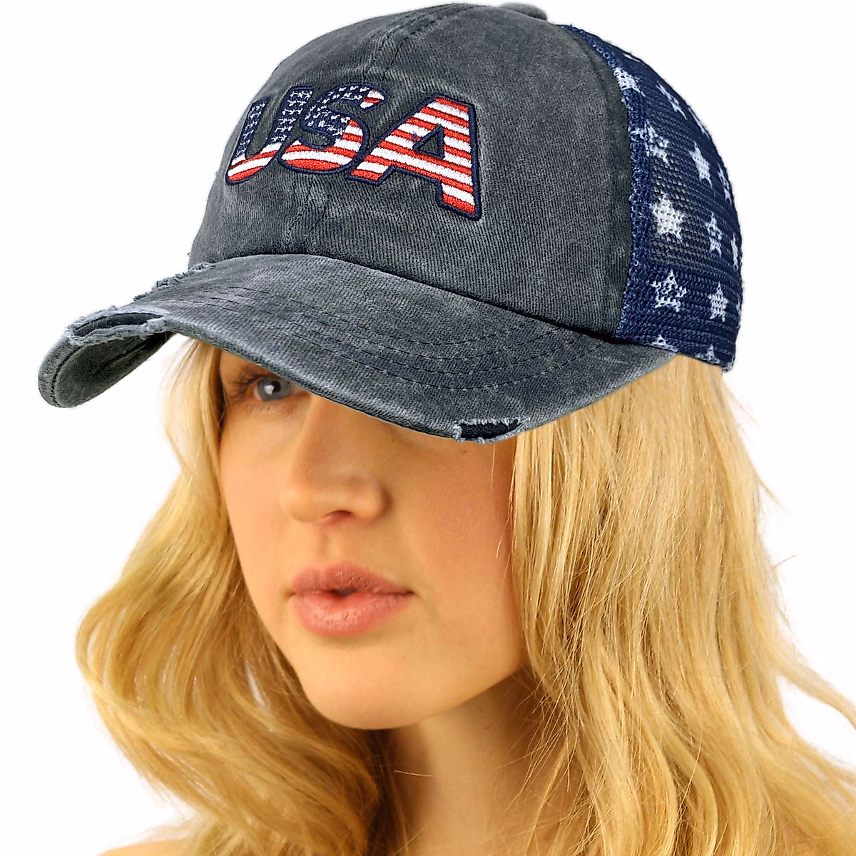 CC Everyday Distressed Trucker Mesh Summer Vented Baseball Sun Cap Hat (Patch USA)