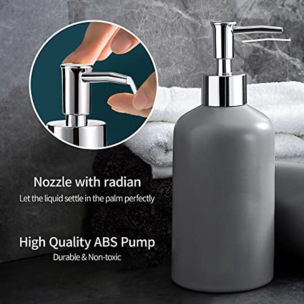 Ceramic Bathroom Accessories Set 5 Pieces, Grey Bathroom Accessory Set Complete, Lotion Dispenser Toothbrush Holder 2 Tumblers Soap Dish Classic Grey Matte for Bath Countertop Organizer Decor, SAIURE