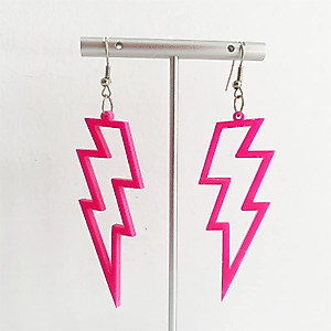 80s Neon Earrings Halloween Lightning Earrings Retro Acrylic Drop Dangle for Women 80's Party (Rose Red)