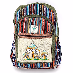 Unique Mushroom Embroidered Tie Dye Himalaya Hemp Large Hippie Backpack Festival Backpack FAIR TRADE Handmade with Love. (GREEN)