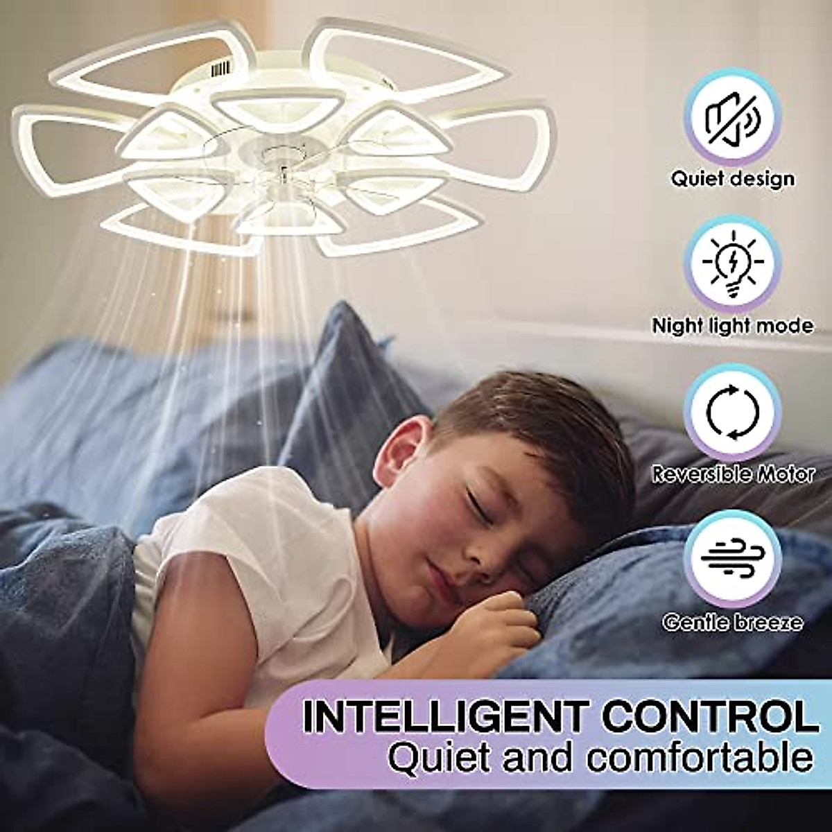 XIEICS Modern Ceiling Fan with Lights Remote Control - Flush Mount Dimmable LED Ceiling Fan Lights & 6 Speeds Bladeless Ceiling Fan with Lights, for Bedroom Living Room (34.8inch, White)